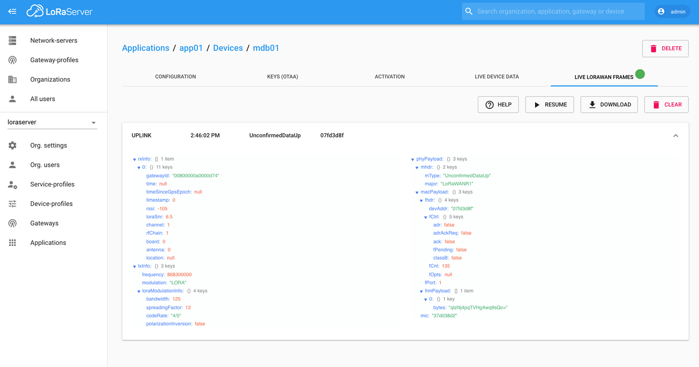 Getting a UnconfirmedDataUp message in Live LoRaWAN frame logs but no message in Live Event Log ...