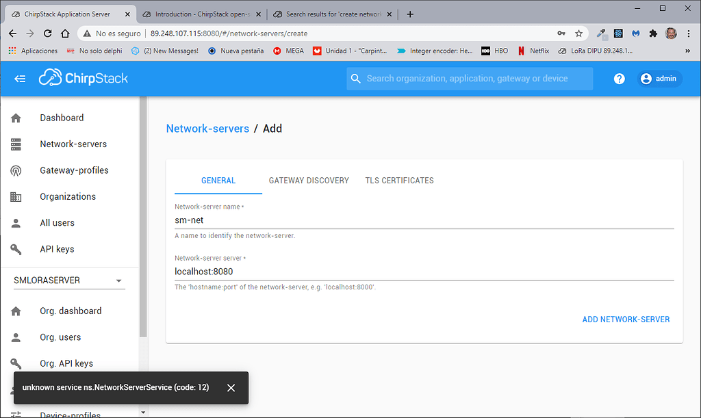 Error (12) creating network server - ChirpStack Network Server - ChirpStack Community Forum